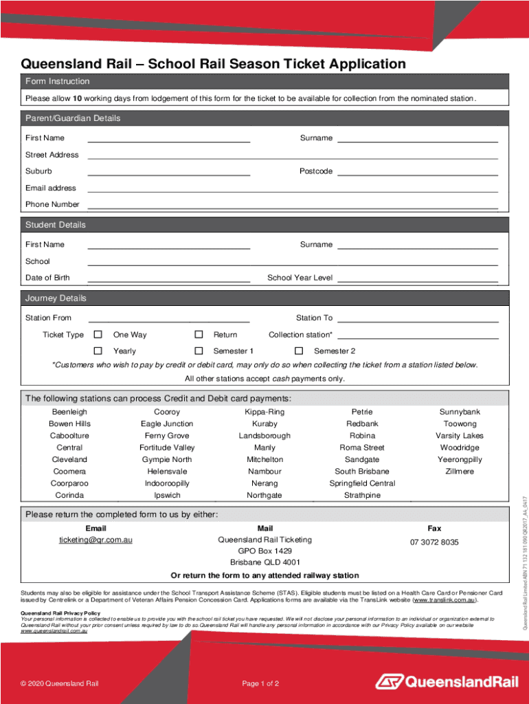 Fillable Online Queensland Rail School Rail Season Ticket Application ...
