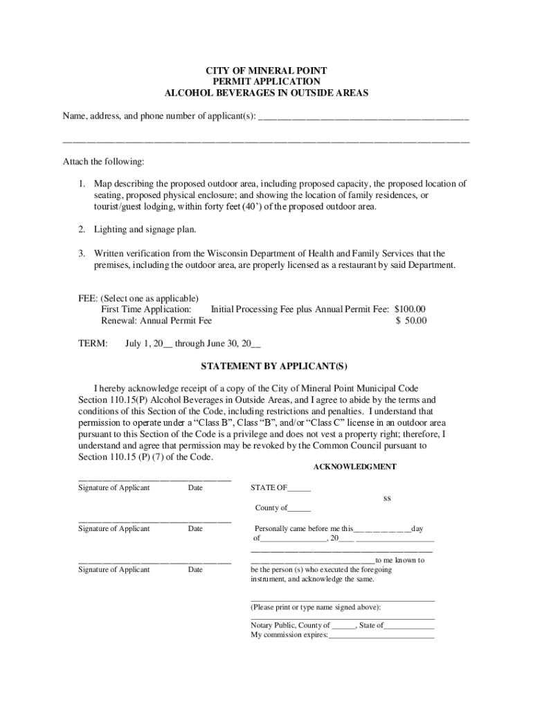 Fillable Online cityofmineralpoint.comOutdoor-ApplicationCITY OF MINERAL POINT PERMIT ...