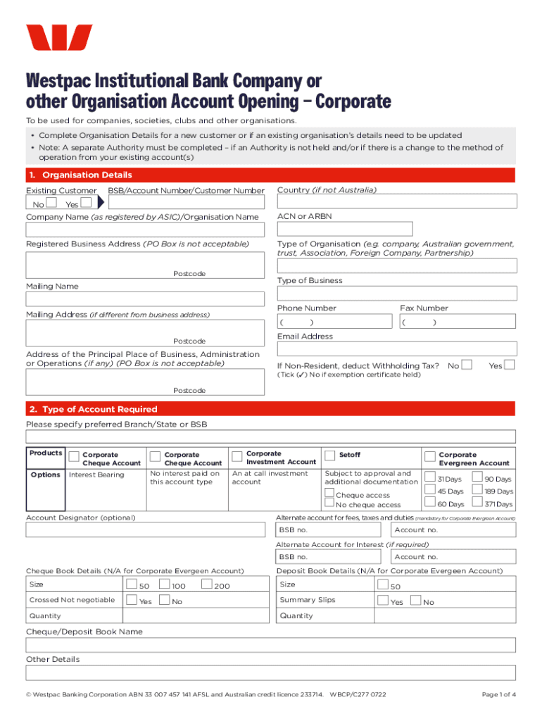Fillable Online . C277 Westpac Institutional Bank Company or other ...
