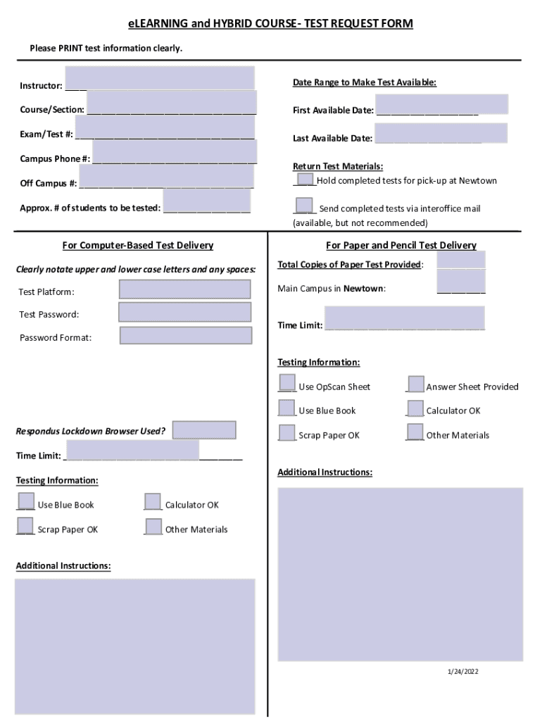 Fillable Online eLEARNING and HYBRID COURSE- TEST REQUEST FORM Fax ...