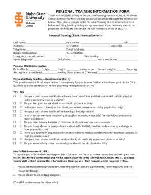 Fillable Online Personal Training Client Information Form - Idaho State ...