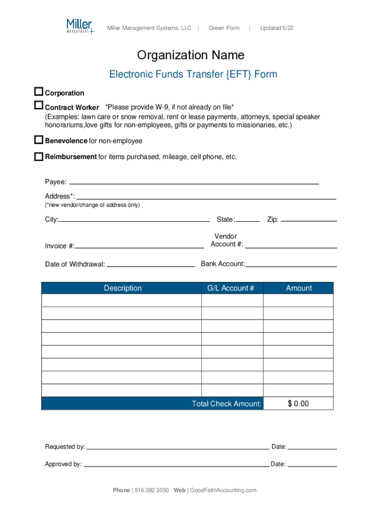 Fillable Online Electronic Funds Transfer EFT Form - Miller Management ...
