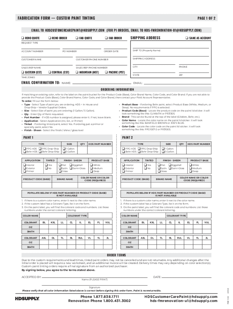 Fillable Online FABRICATION FORMCUSTOM PAINT TINTING PAGE 1 OF 2 Fax ...