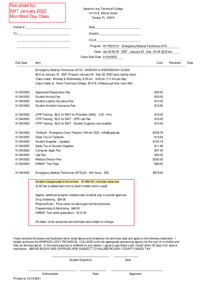 Fillable Online Fee sheet for: EMT January 2022 Mon/Wed Day Class Fax Email Print - pdfFiller