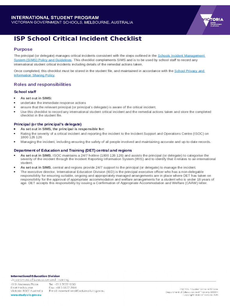 ISP School Critical Incident Checklist - study.vic.gov.au Doc Template | pdfFiller