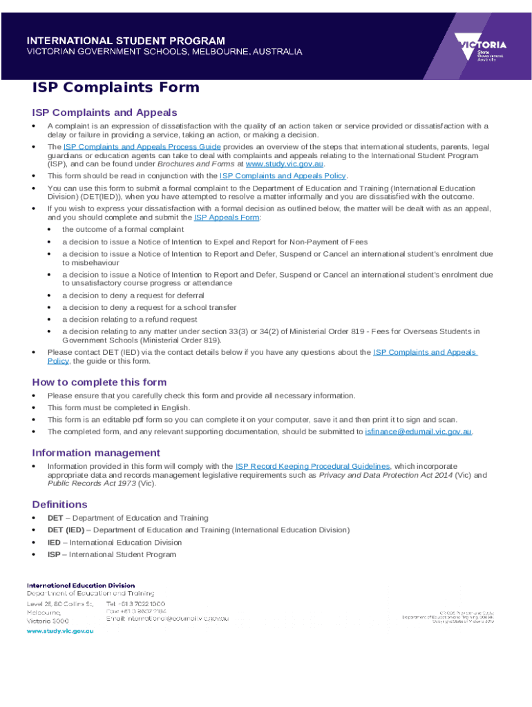 ISP Complaints - study.vic.gov.au Doc Template | pdfFiller