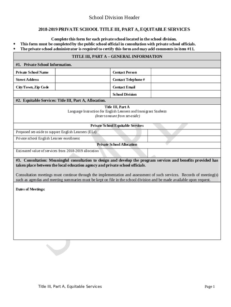 2018-2019 PRIVATE School Title III, Part A, Equitable Services Doc ...