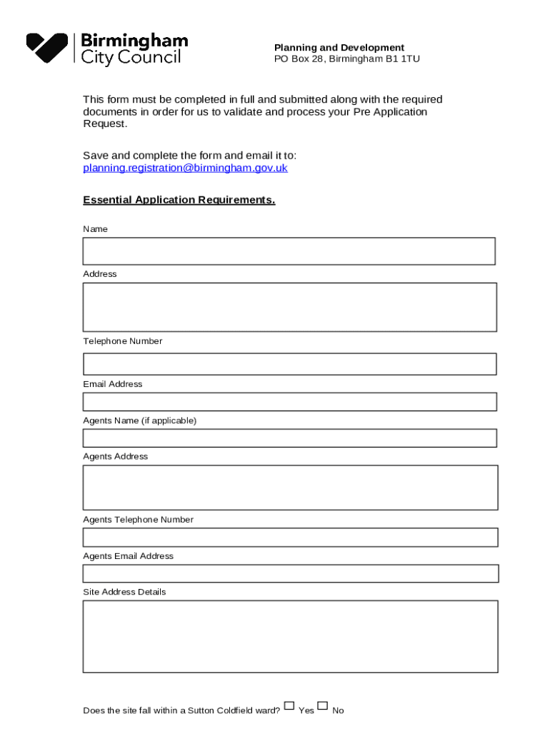 Pre Application Advice - Birmingham City Council Doc Template | pdfFiller