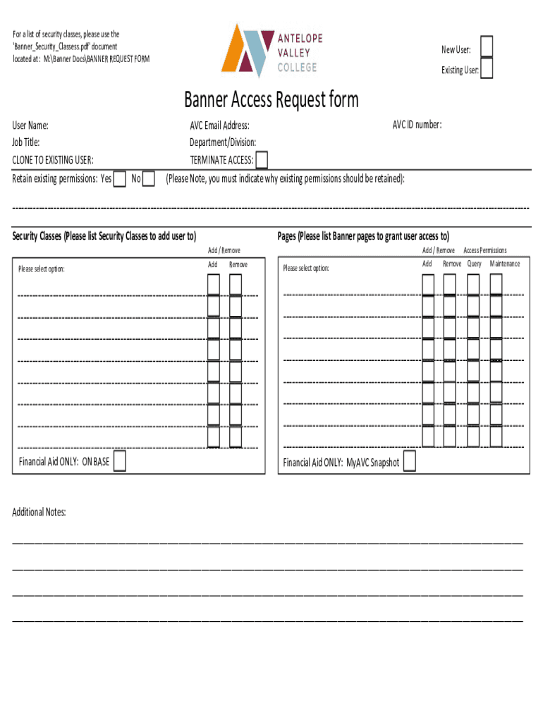 Fillable Online Banner Access Request form - Antelope Valley College Fax Email Print - pdfFiller