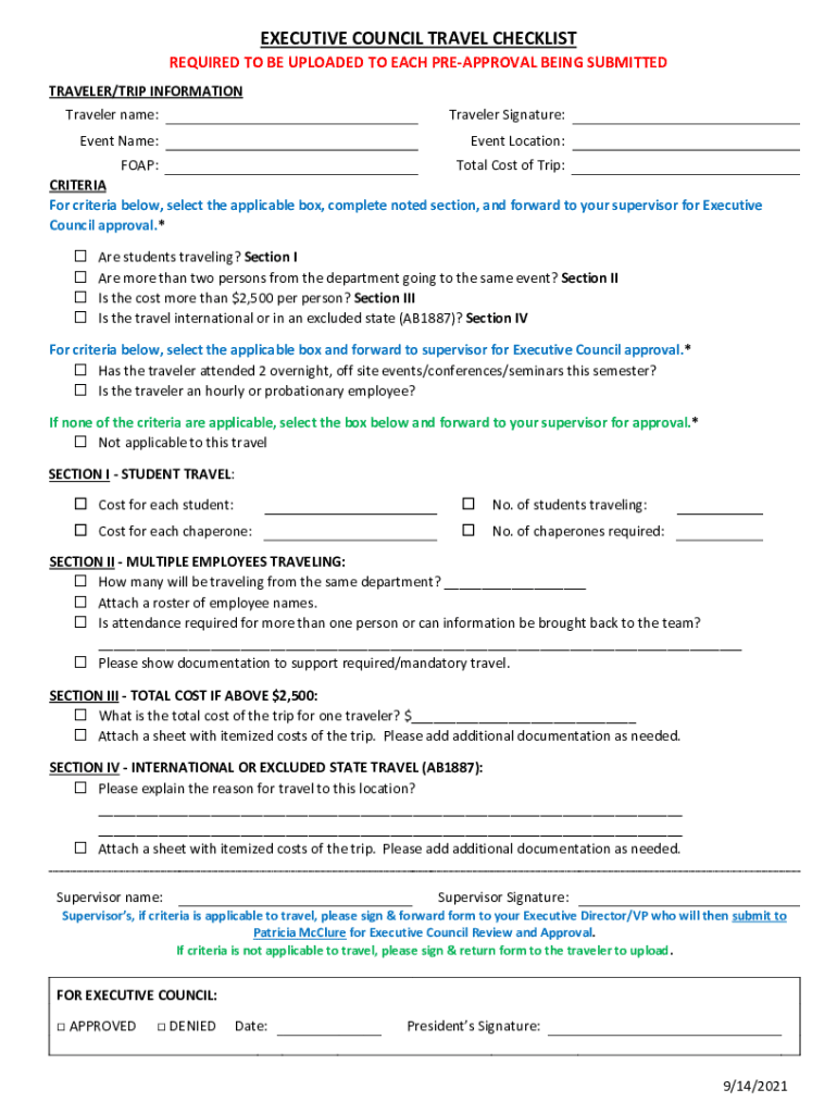 Fillable Online EXECUTIVE COUNCIL TRAVEL CHECKLIST - Antelope Valley ...