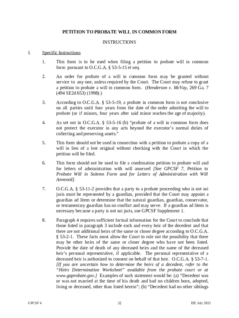 Petition to Probate Will in Common - Georgia Probate Law Group Doc ...