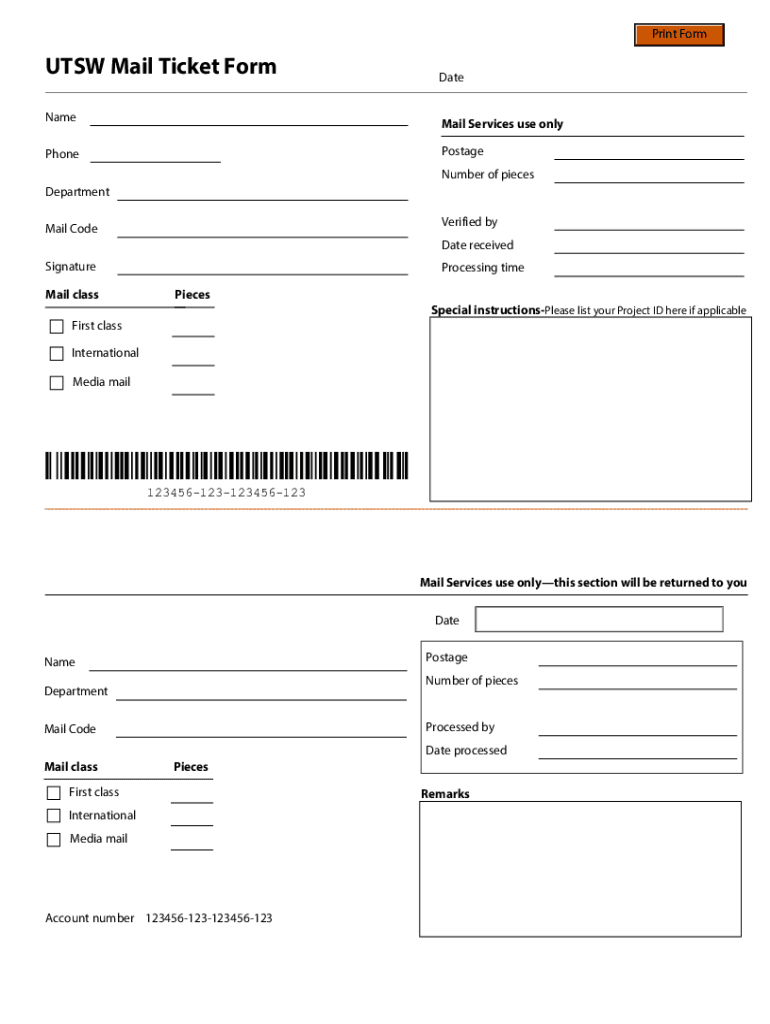 Fillable Online UTSW Mail Ticket Form Date - UT Southwestern Fax Email ...