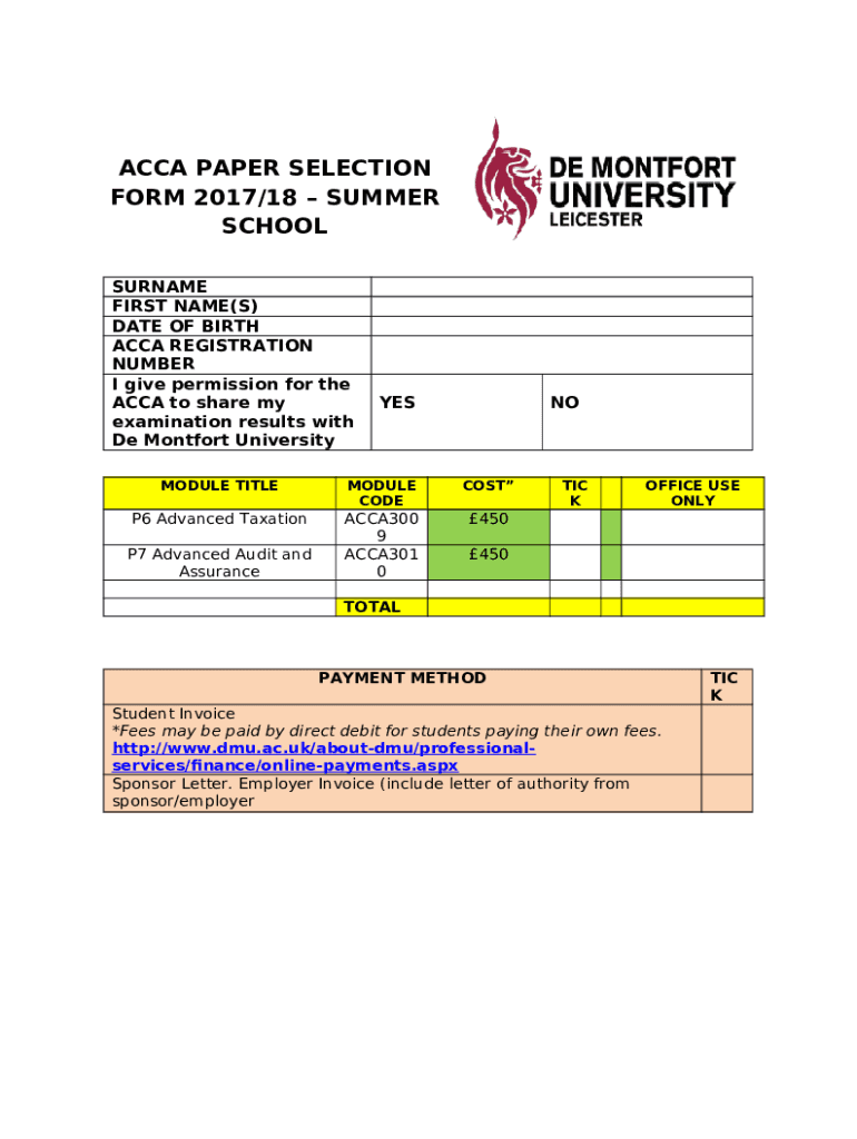 ACCA Summer School paper choice - De Montfort University Doc Template | pdfFiller
