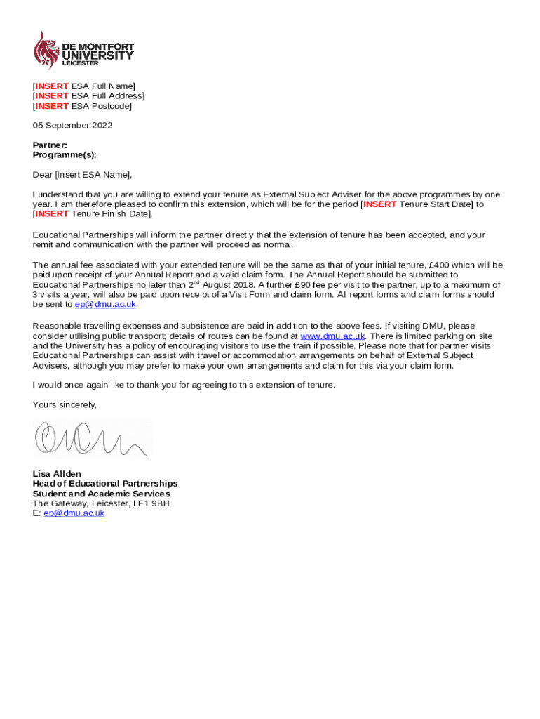 ESA Extension of Tenure letter template - De Montfort University Doc ...