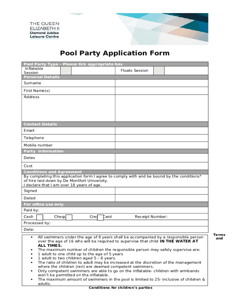 Pool Party Application - De Montfort University Doc Template | pdfFiller