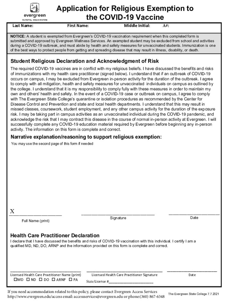 Fillable Online Application for Religious Exemption to the COVID-19 ...