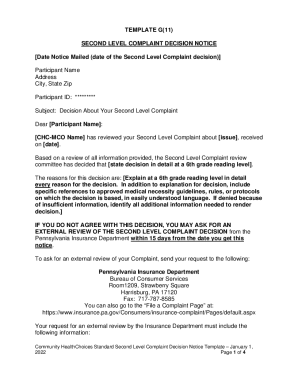Fillable Online TEMPLATE G(11) SECOND LEVEL COMPLAINT DECISION NOTICE Date Notice ... Fax Email ...