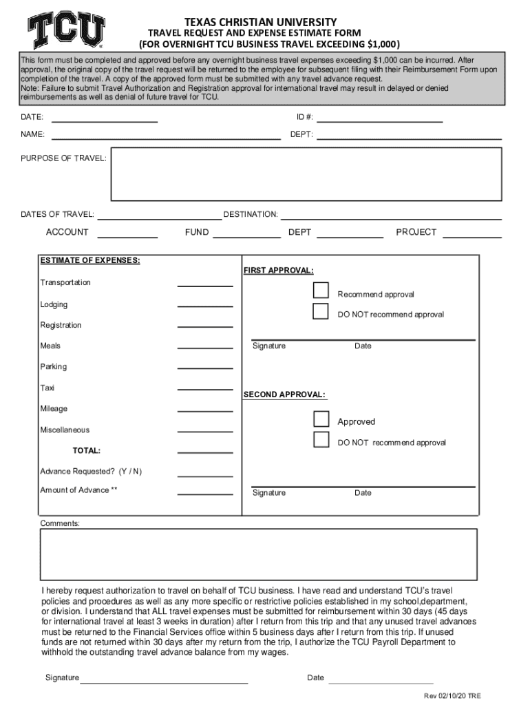 Fillable Online travel request and expense estimate form (for overnight ...