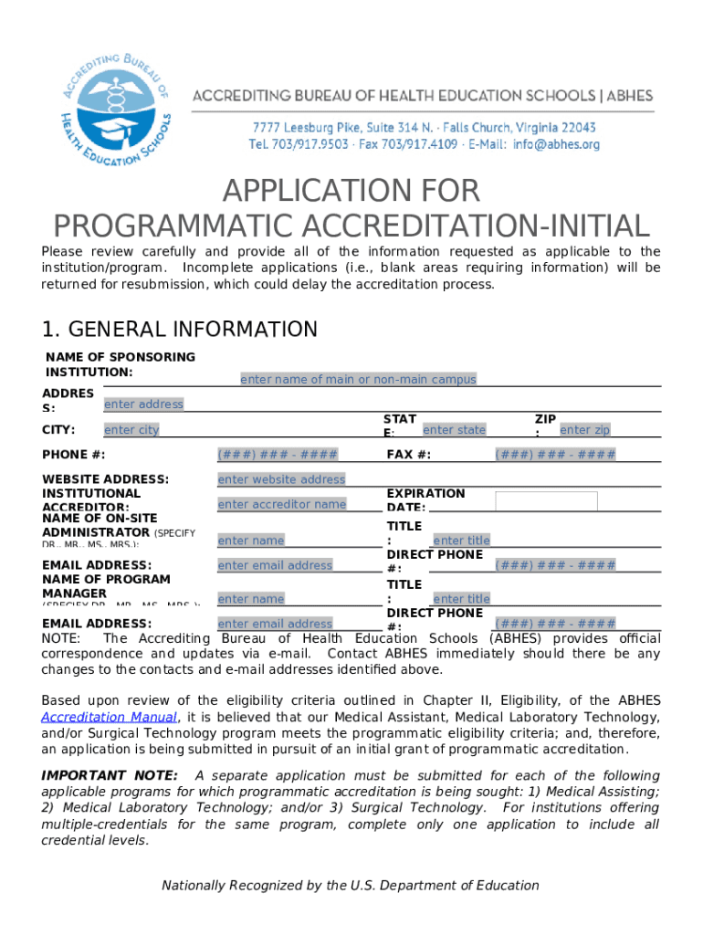 DOC Application for Programmatic AccreditationInitial - ABHES Doc Template | pdfFiller
