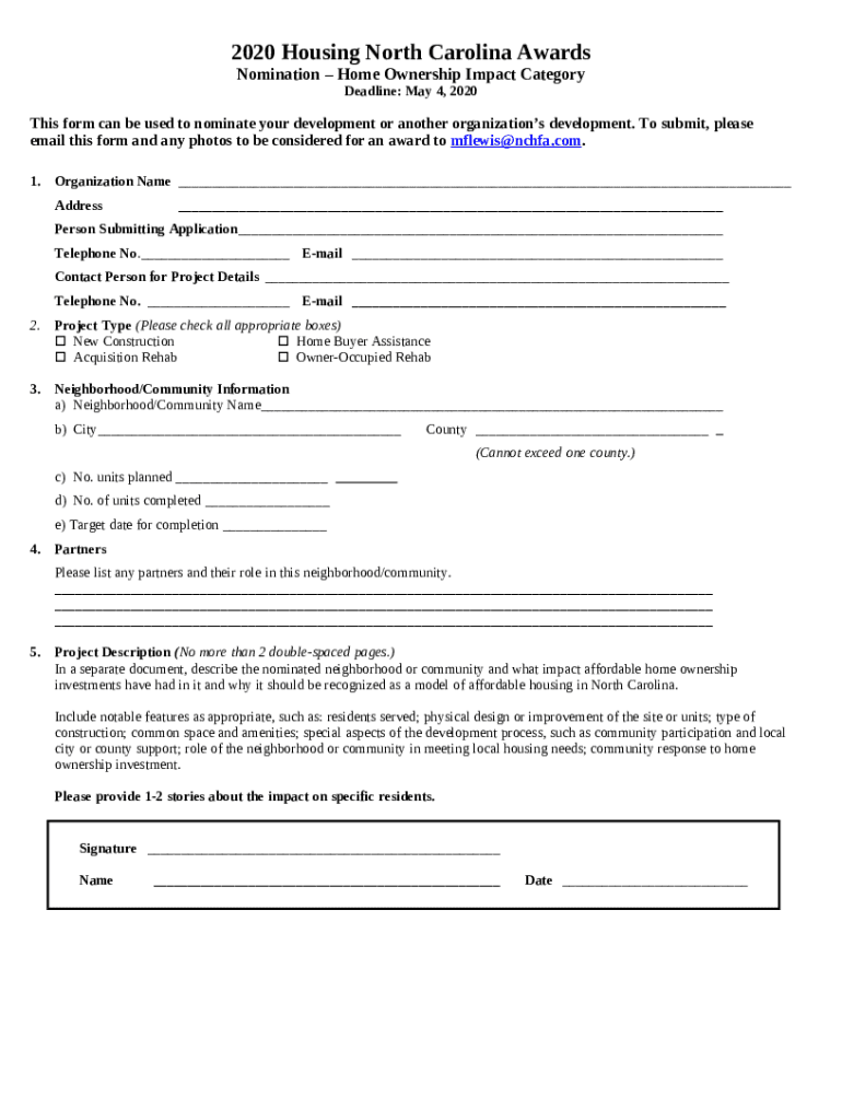 HOUSING NORTH CAROLINA AWARDS - NCHFA Doc Template | pdfFiller