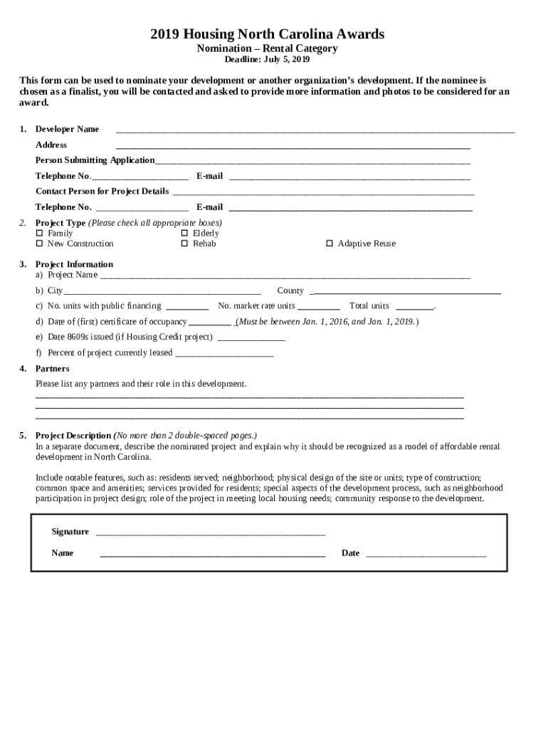 HOUSING NORTH CAROLINA AWARDS - nchfa.com Doc Template | pdfFiller