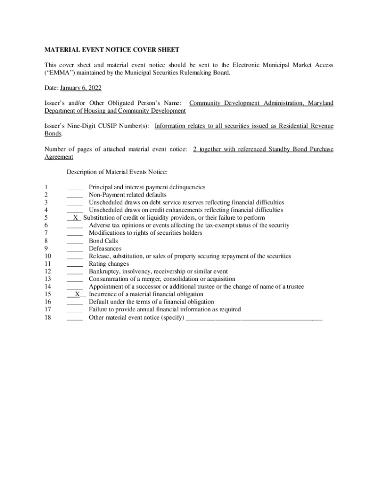 Fillable Online dhcd maryland MATERIAL EVENT NOTICE COVER SHEET ...