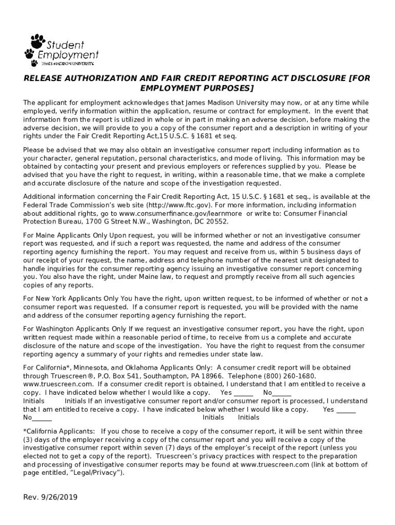 RELEASE AUTHORIZATION AND FAIR CREDIT REPORTING ACT DISCLOSURE FOR ...