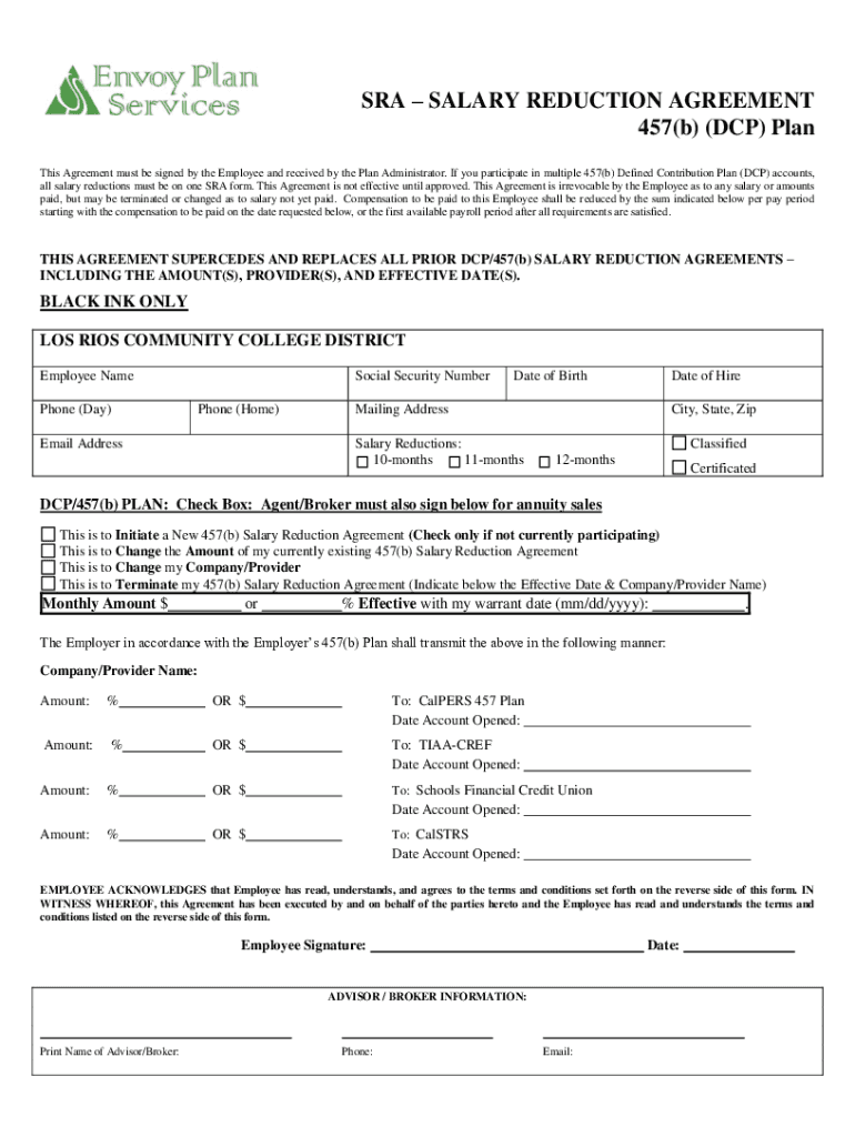 Fillable Online Get SRA SALARY REDUCTION AGREEMENT 457(b ...