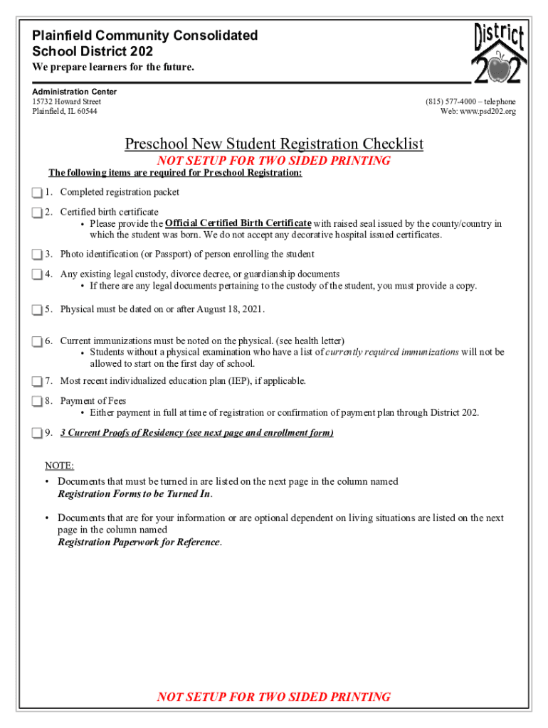 Fillable Online Preschool New Student Registration Checklist - Plainfield Fax Email Print ...