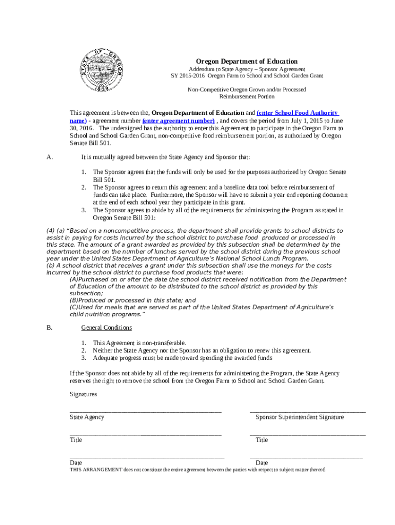 farm to school grant CACFP addendum agreement - Oregon Doc Template ...