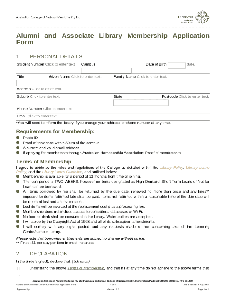 Alumni and Associate Library Membership Application Doc Template ...