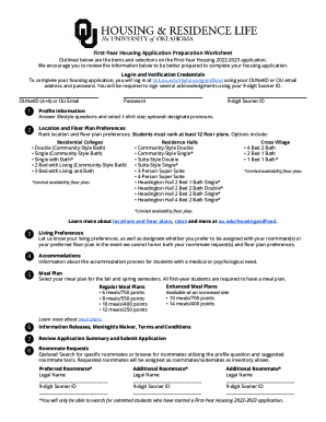 Fillable Online First-Year Housing Application Preparation Worksheet ...