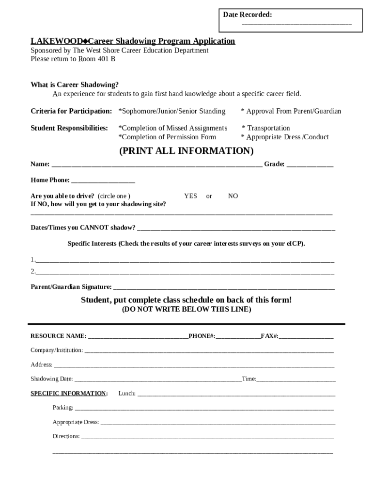 LAKEWOOD Career Shadowing Program Application Doc Template | pdfFiller