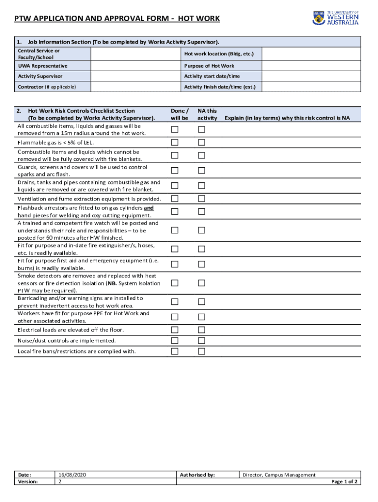 Fillable Online PTW APPLICATION AND APPROVAL FORM - HOT WORK Fax Email ...