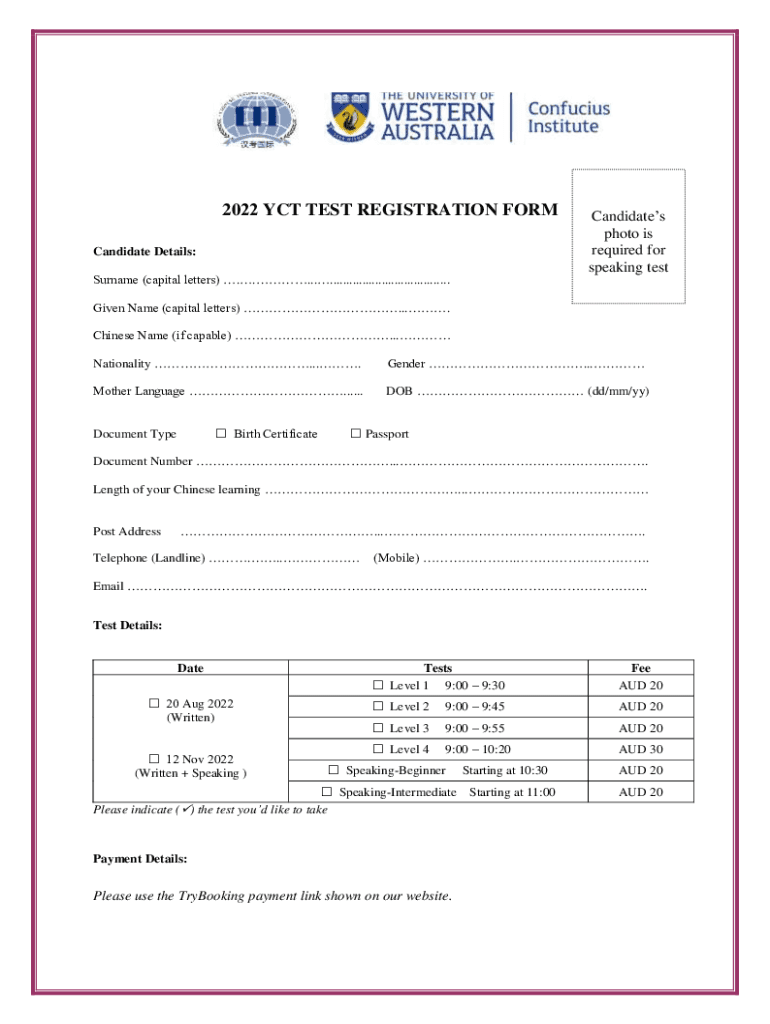 Fillable Online 202 YCT TEST REGISTRATION FORM Candidate s photo is ...