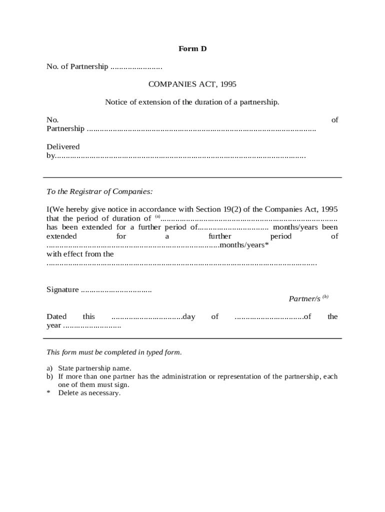 D: Notice of extension of the duration of a partnership. Doc Template | pdfFiller