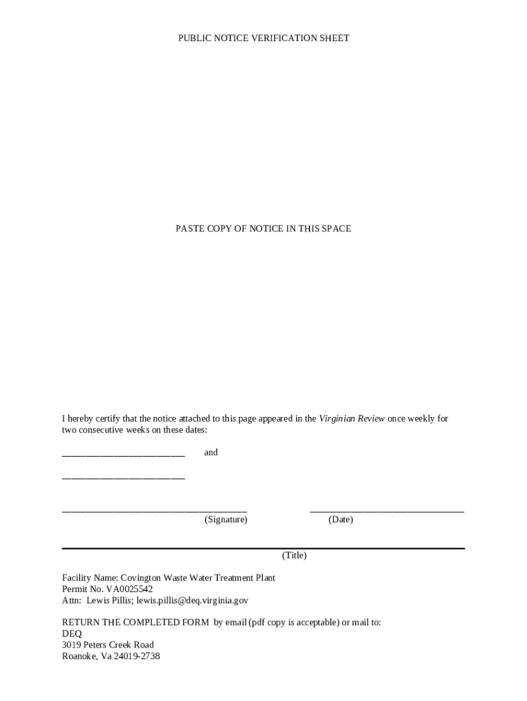 PUBLIC NOTICE VERIFICATION SHEET Doc Template | pdfFiller