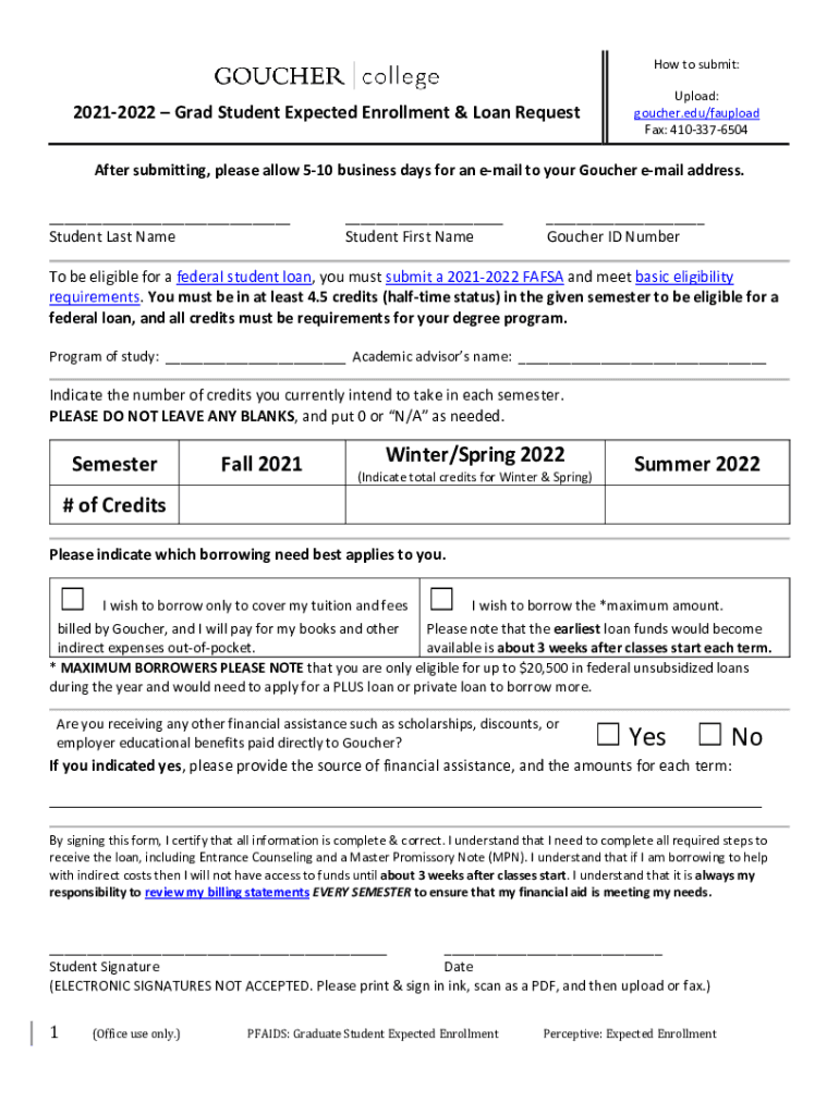 Fillable Online 2021-2022 Grad Student Expected Enrollment & Loan ...