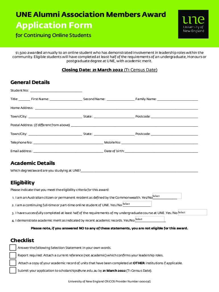 Fillable Online UNE Alumni Association Members Award Application Form Fax Email Print - pdfFiller
