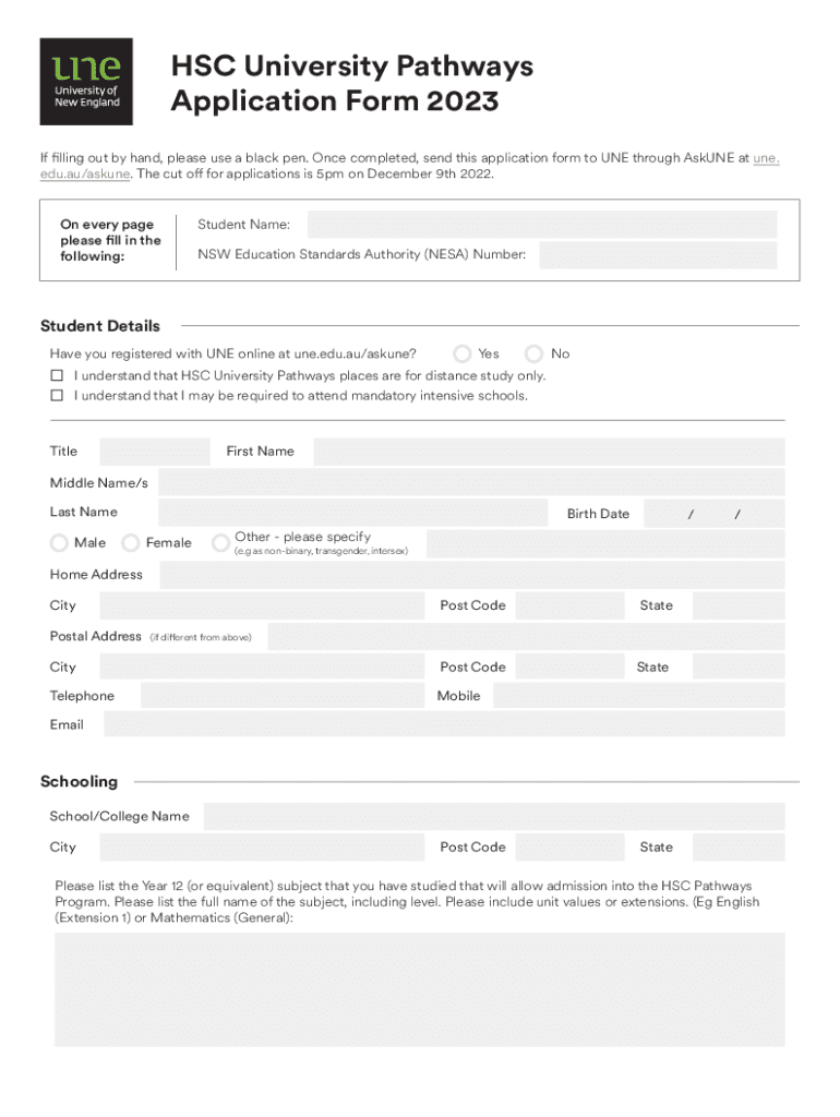 Fillable Online HSC University Pathways Application Form 2023 - University of New England Fax ...