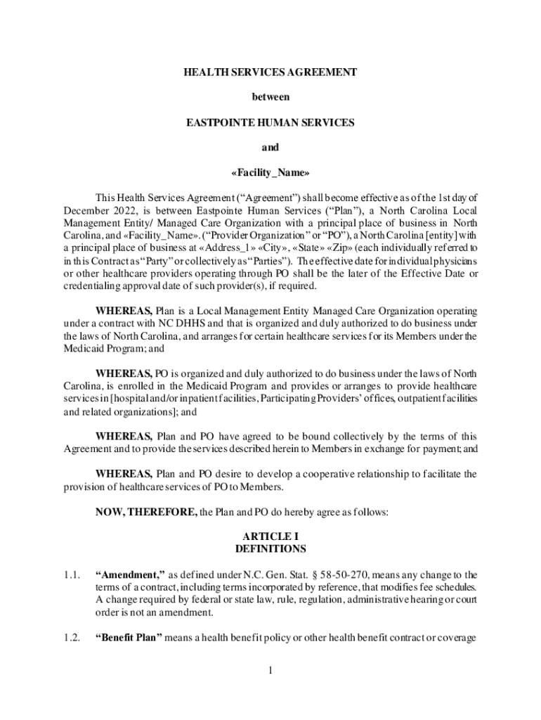 Fillable Online HEALTH SERVICES AGREEMENT between EASTPOINTE HUMAN SERVICES ... Fax Email Print ...