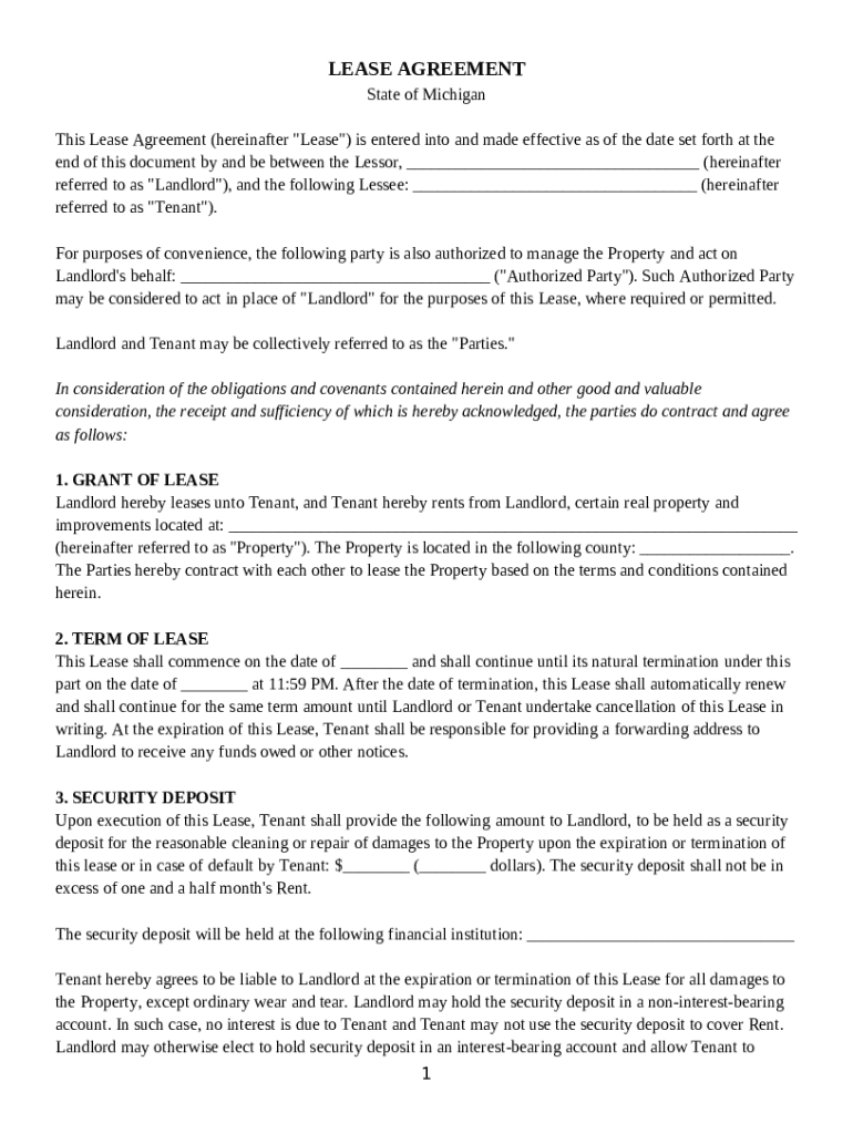Michigan Residential Lease Agreement. Property Management, Landlord ...