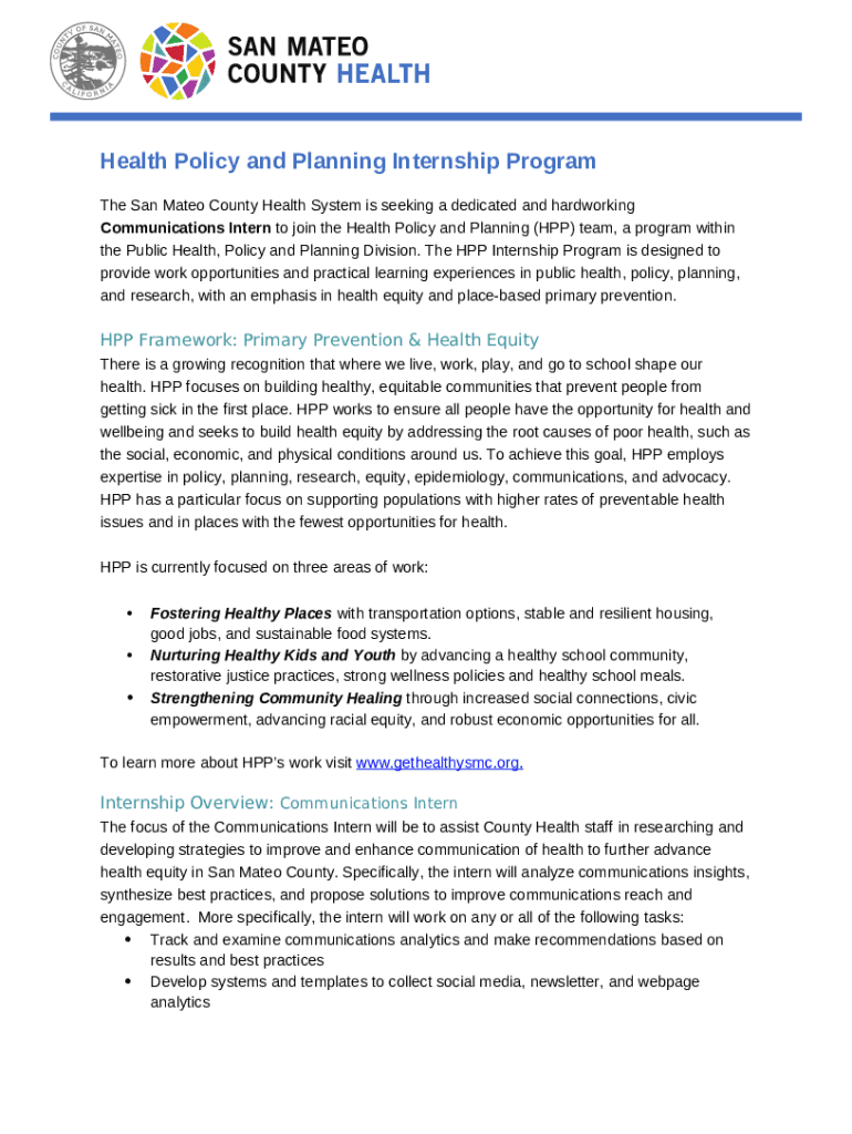 Health Policy and Planning Internship Program Doc Template | pdfFiller