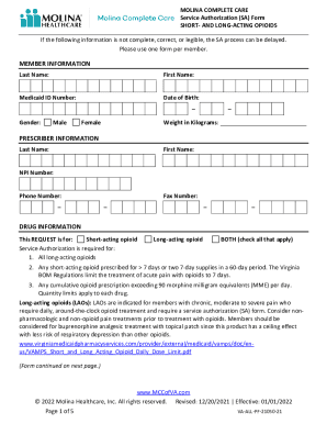 Fillable Online MOLINA COMPLETE CARE Service Authorization (SA) Form ...