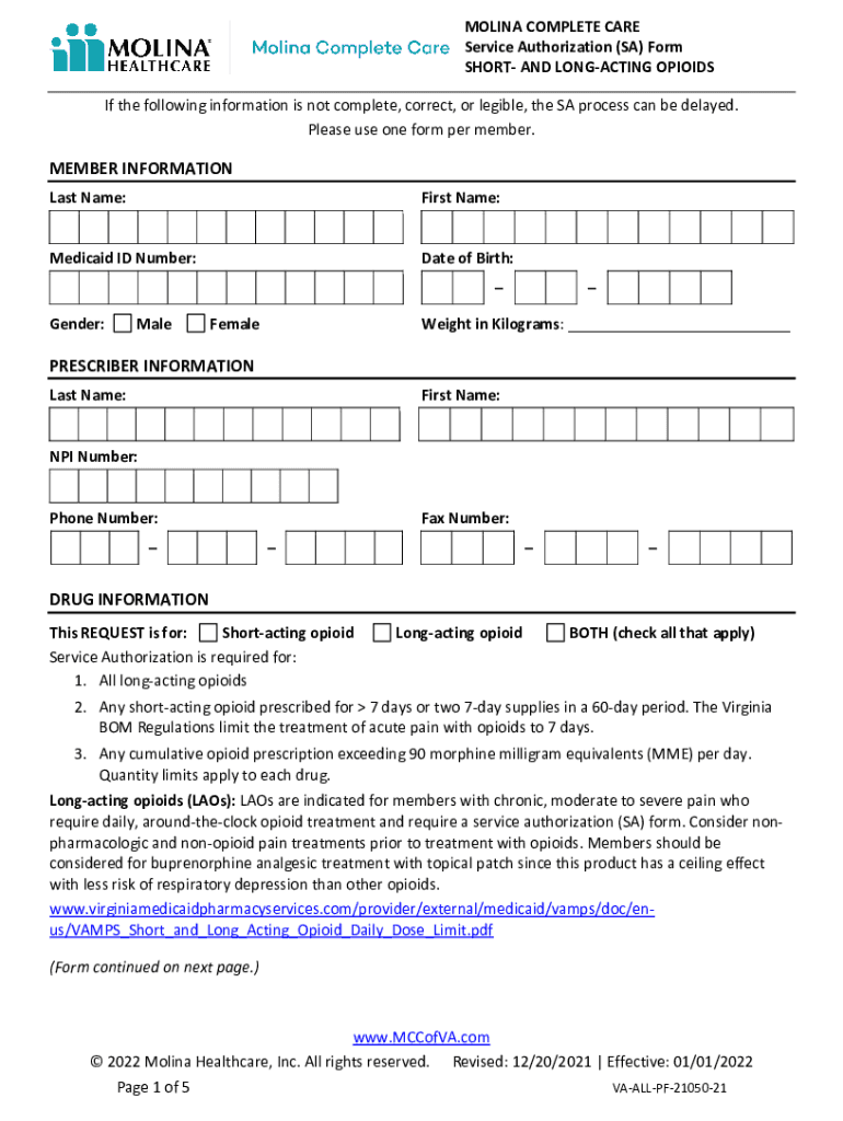Fillable Online MOLINA COMPLETE CARE Service Authorization (SA) Form ...