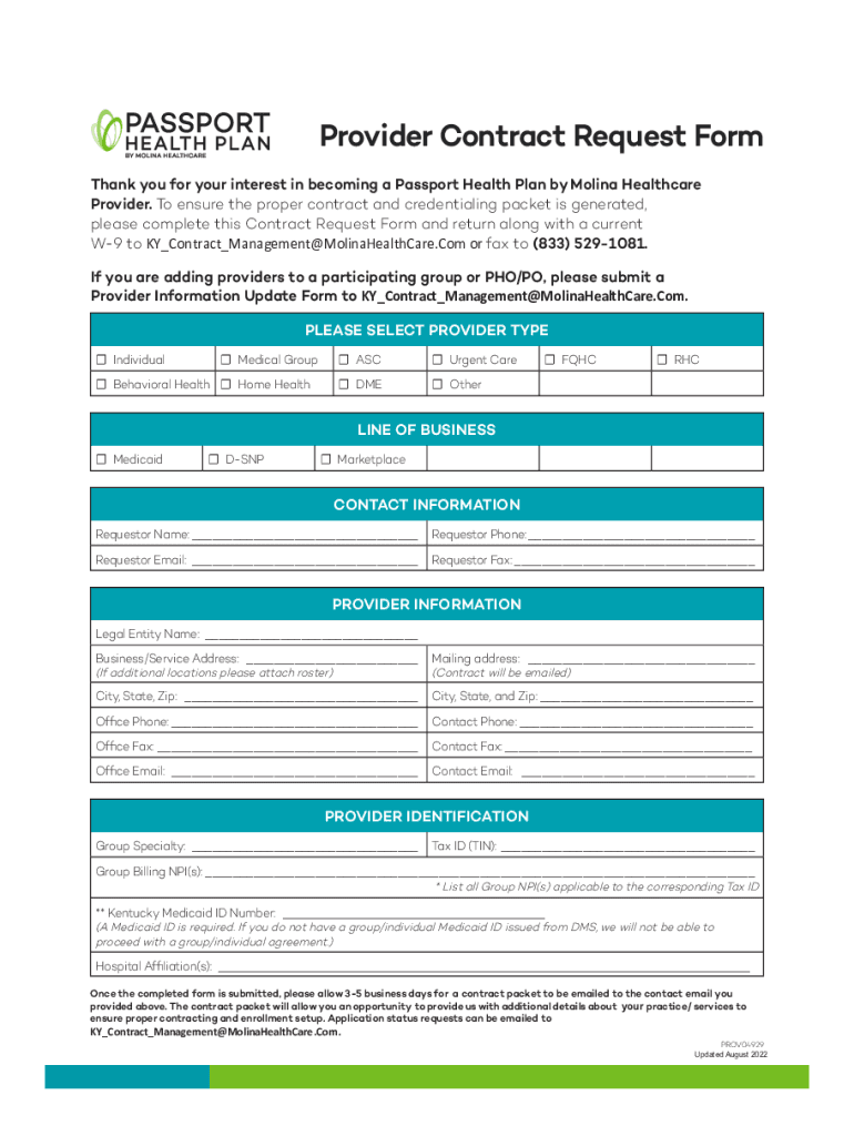 Fillable Online Provider Contract Request Form. Contract Request form ...