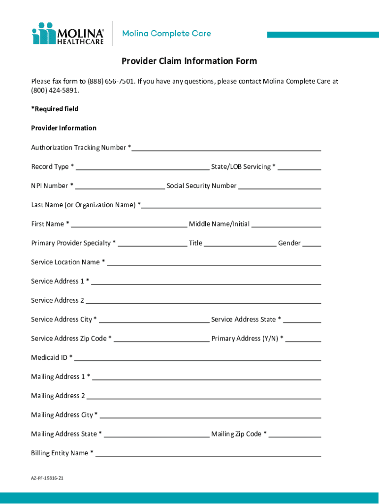 Fillable Online Provider Claim Information Form. Molina Complete Care ...