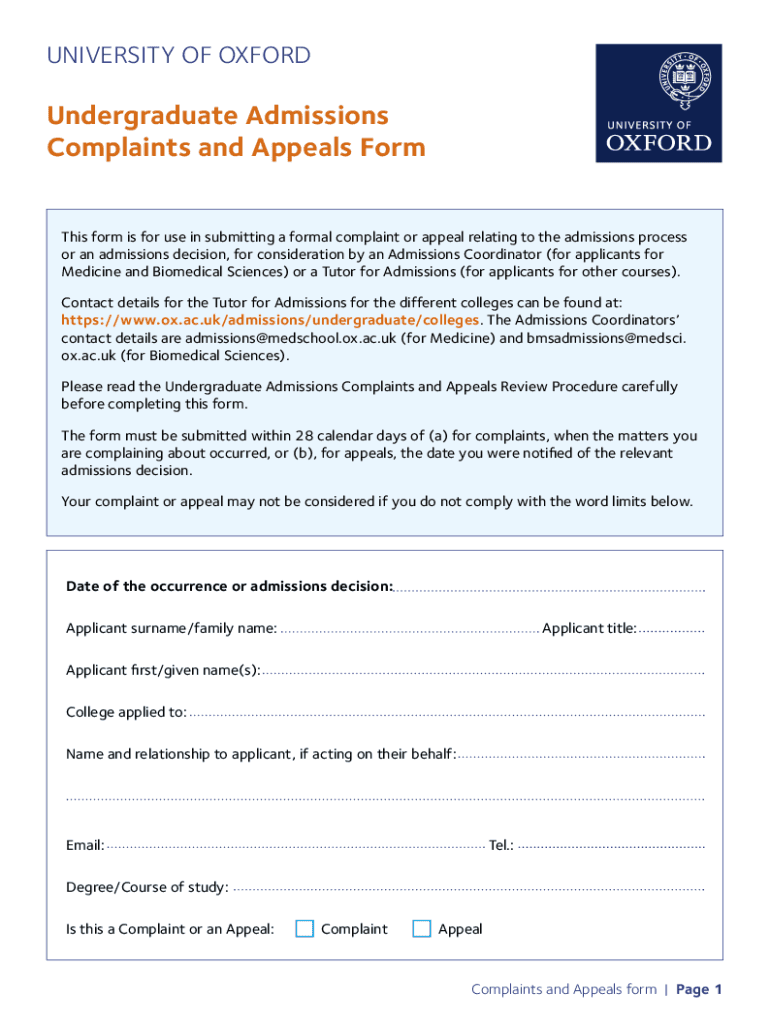 Fillable Online University of Oxford Undergraduate Admissions form. Complaints and Appeals form ...
