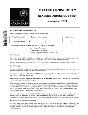 Fillable Online CLASSICS ADMISSIONS TEST November 2021 - University of ...