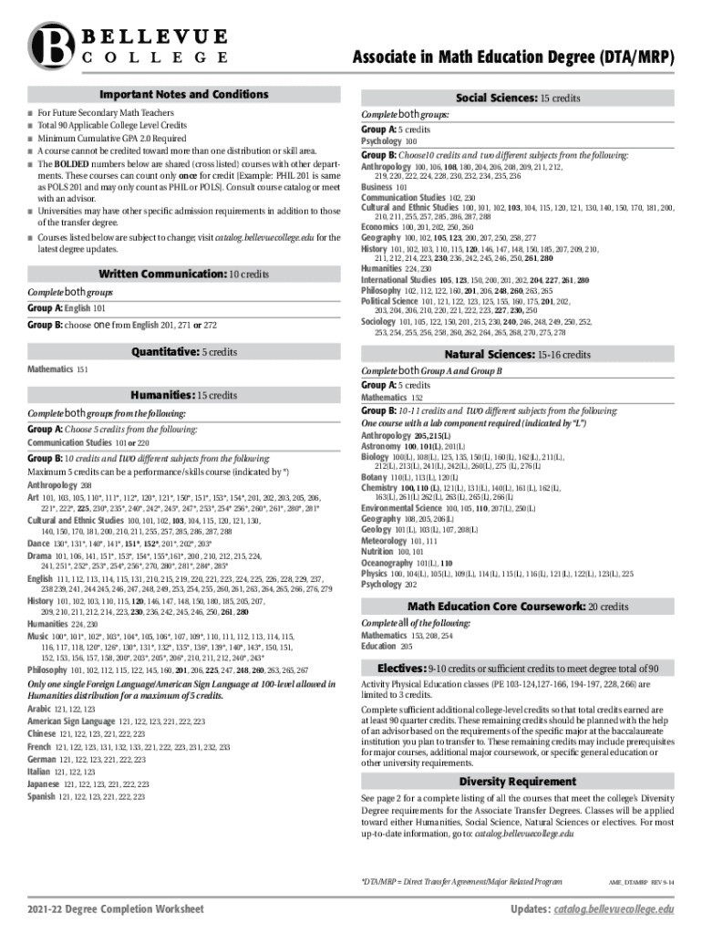 Fillable Online Associate in Math Education Degree (DTA/MRP) - Bellevue ...